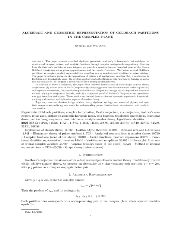 (PDF) ALGEBRAIC AND GEOMETRIC REPRESENTATION OF GOLDBACH PARTITIONS IN ...