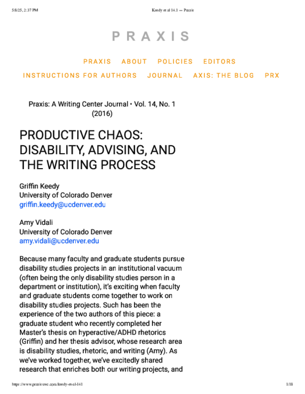 (PDF) “Productive Chaos: Disability, Advising, and the Writing Process”