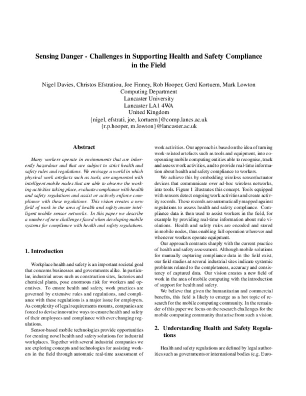(PDF) Sensing Danger - Challenges in Supporting Health and Safety ...