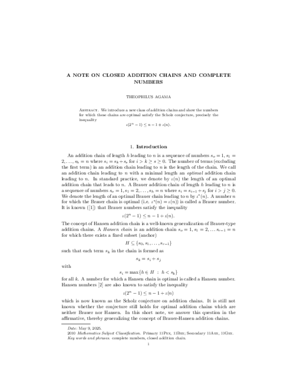 (PDF) A NOTE ON CLOSED ADDITION CHAINS AND COMPLETE NUMBERS