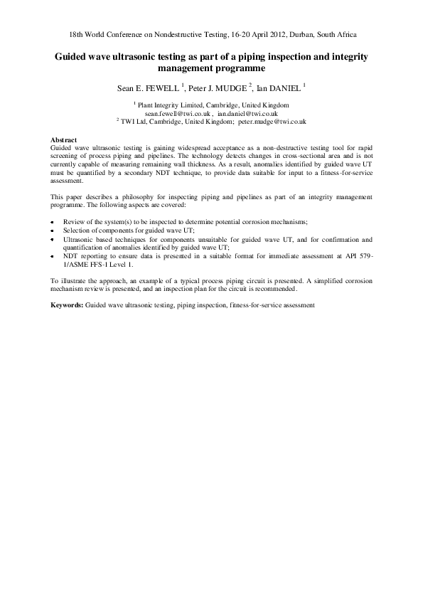 (PDF) Guided wave ultrasonic testing as part of a piping inspection and ...