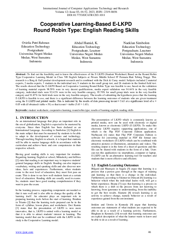(PDF) Cooperative Learning-Based E-LKPD Round Robin Type: English Reading Skills
