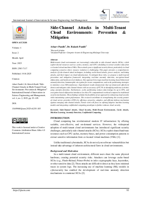 (PDF) Side-Channel Attacks in Multi-Tenant Cloud Environments: Prevention & Mitigation