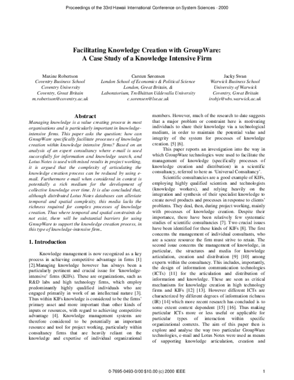(PDF) Facilitating Knowledge Creation with GroupWare: A Case Study of a Knowledge Intensive Firm