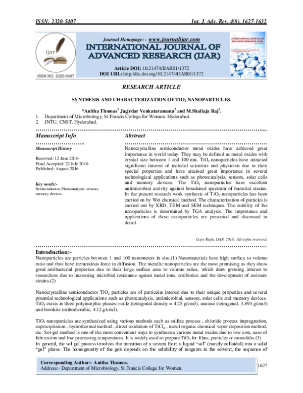 (PDF) Synthesis and Characterization of TIO2 Nanoparticles