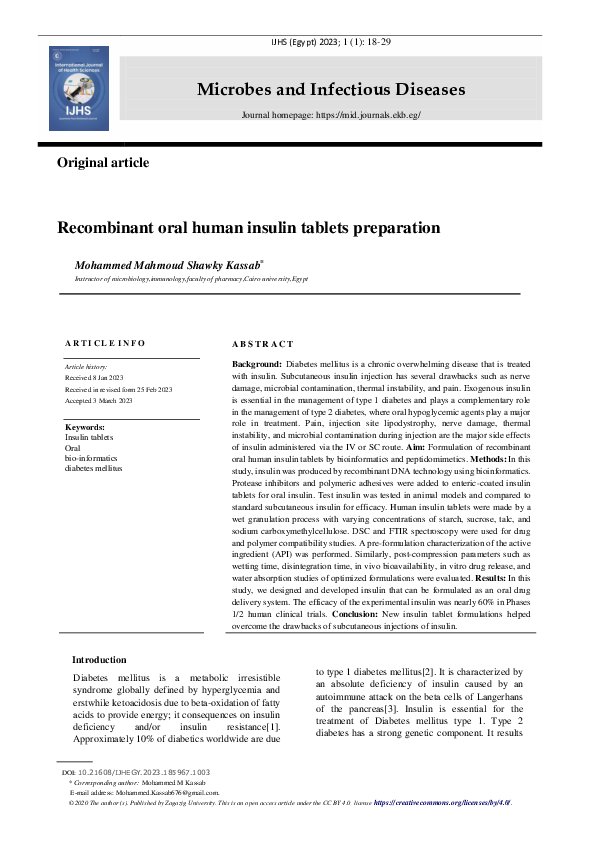 (PDF) Recombinant oral human insulin tablets preparation