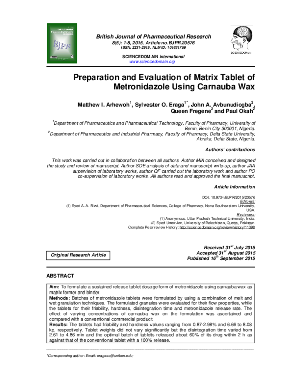 (PDF) Preparation and Evaluation of Matrix Tablet of Metronidazole ...
