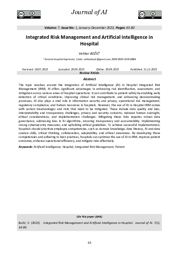 (PDF) Integrated Risk Management and Artificial Intelligence in Hospital