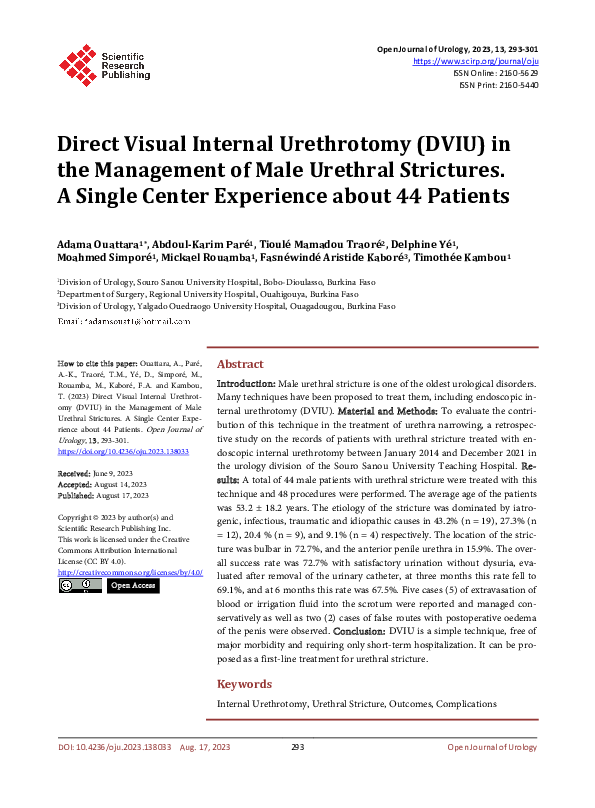 (PDF) Direct Visual Internal Urethrotomy (DVIU) in the Management of ...