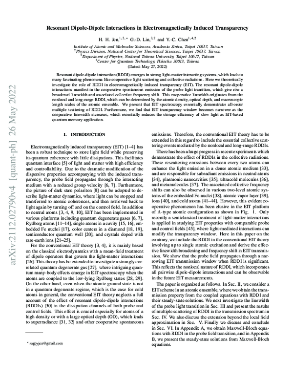 (PDF) Resonant dipole-dipole interactions in electromagnetically induced transparency