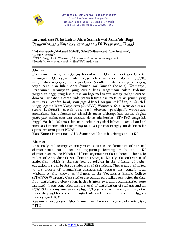 (PDF) Internalisasi Nilai Luhur Ahlu Sunnah wal Jama’ah Bagi ...