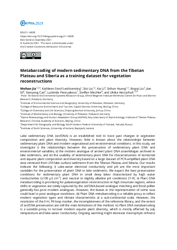 (PDF) Metabarcoding of modern sedimentary DNA from the Tibetan Plateau ...