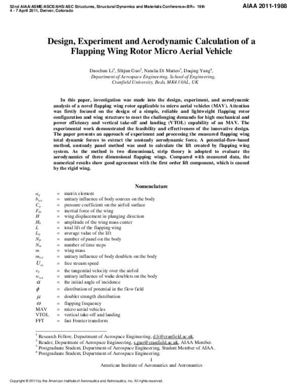 (PDF) Design, Experiment and Aerodynamic Calculation of a Flapping Wing ...