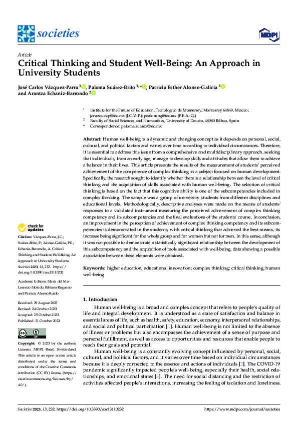 (PDF) Critical Thinking and Student Well-Being: An Approach in ...