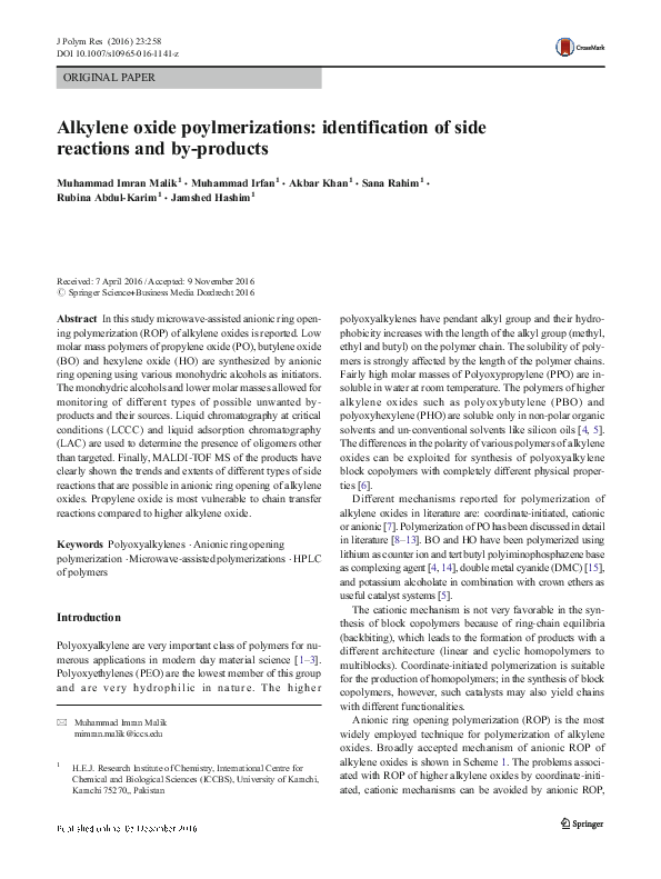 (PDF) Alkylene oxide poylmerizations: identification of side reactions ...