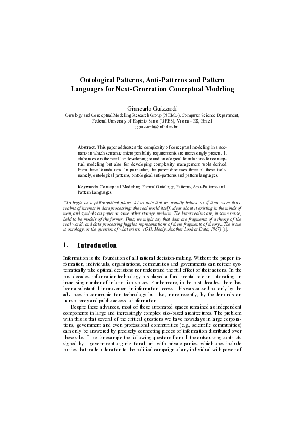 (PDF) Ontological Patterns, Anti-Patterns and Pattern Languages for Next-Generation Conceptual ...