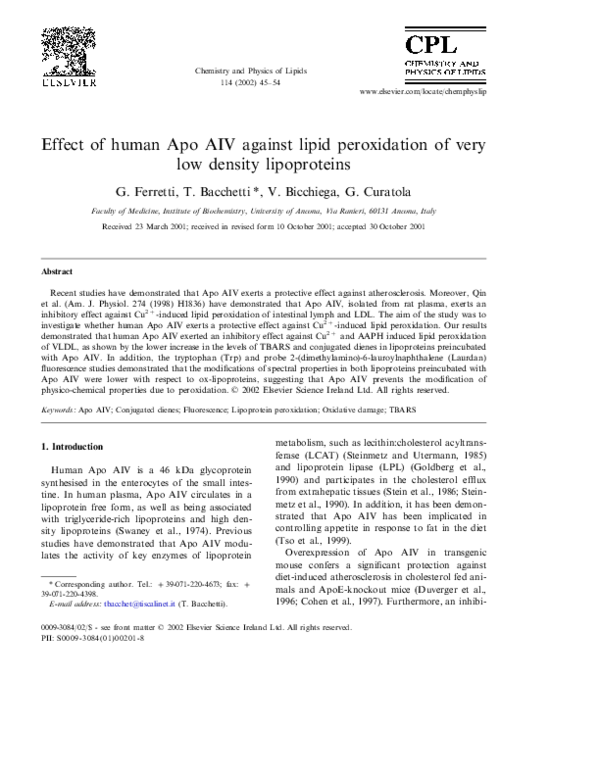 (PDF) Effect of human Apo AIV against lipid peroxidation of very low ...