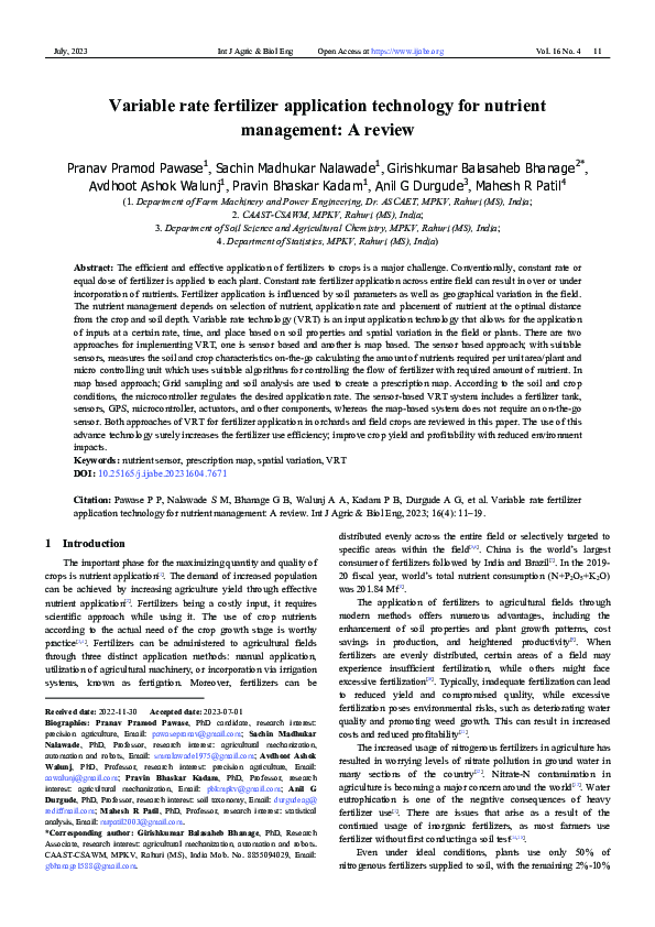 Pdf Variable Rate Fertilizer Application Technology For Nutrient Management A Review