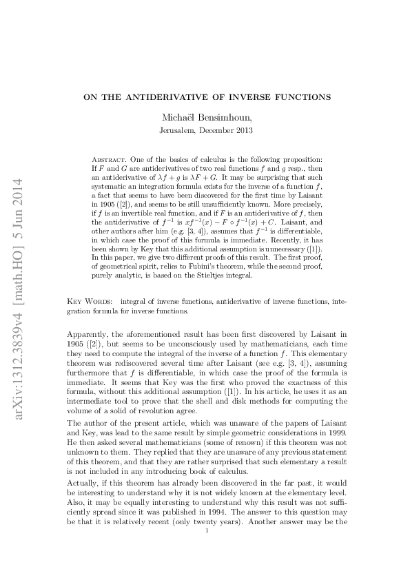 (PDF) On the antiderivative of inverse functions
