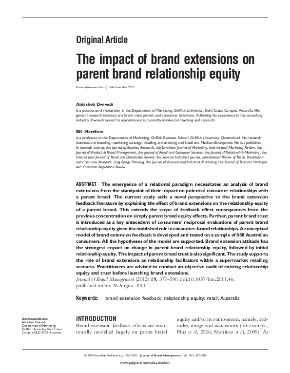(PDF) The impact of brand extensions on parent brand relationship equity