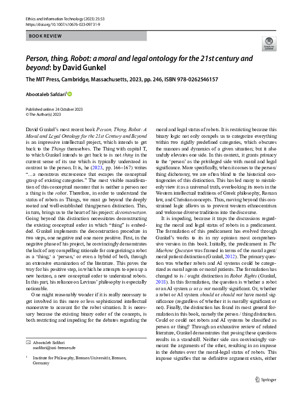 (PDF) Person, thing, Robot: a moral and legal ontology for the 21st ...