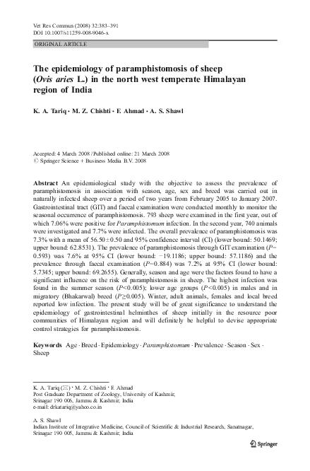 (PDF) The epidemiology of paramphistomosis of sheep (Ovis aries L.) in ...