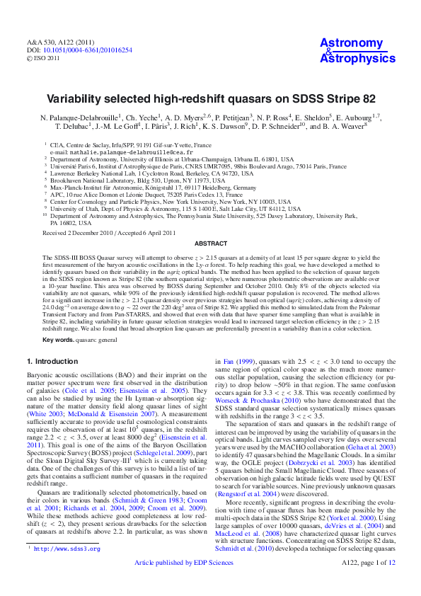 (PDF) Variability selected high-redshift quasars on SDSS Stripe 82