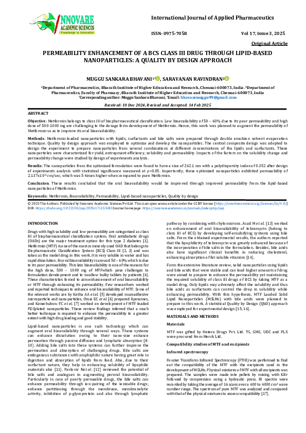 (PDF) PERMEABILITY ENHANCEMENT OF A BCS CLASS III DRUG THROUGH LIPID-BASED NANOPARTICLES: A ...