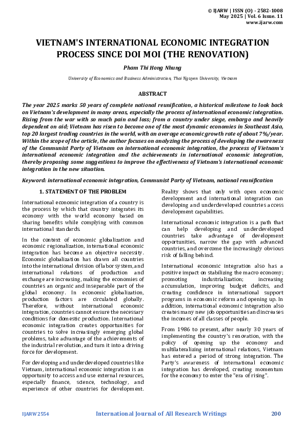 (PDF) VIETNAM'S INTERNATIONAL ECONOMIC INTEGRATION PROCESS SINCE DOI ...