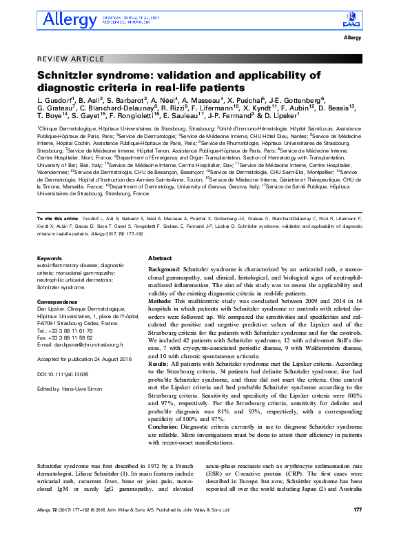 (PDF) Schnitzler syndrome: validation and applicability of diagnostic ...