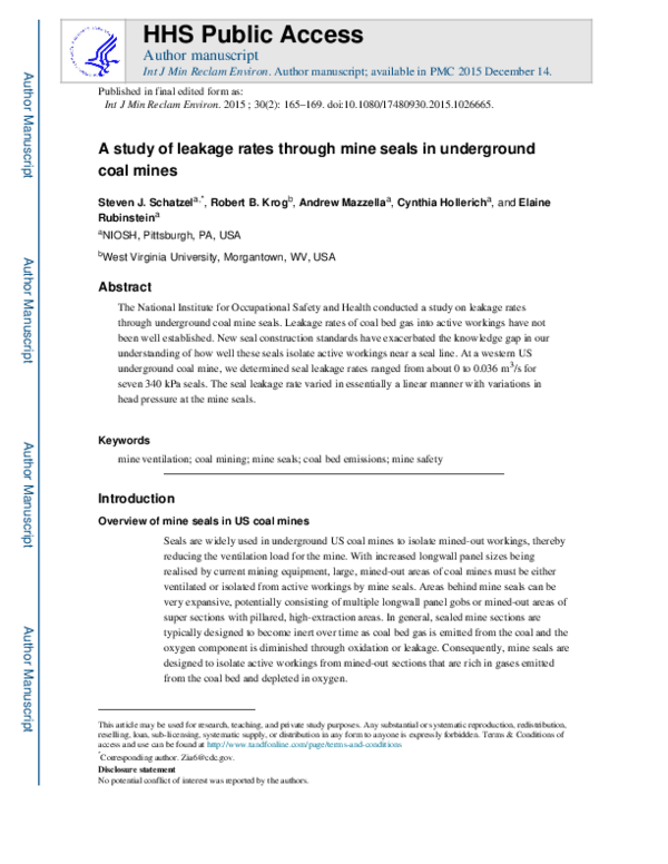 (PDF) A study of leakage rates through mine seals in underground coal mines