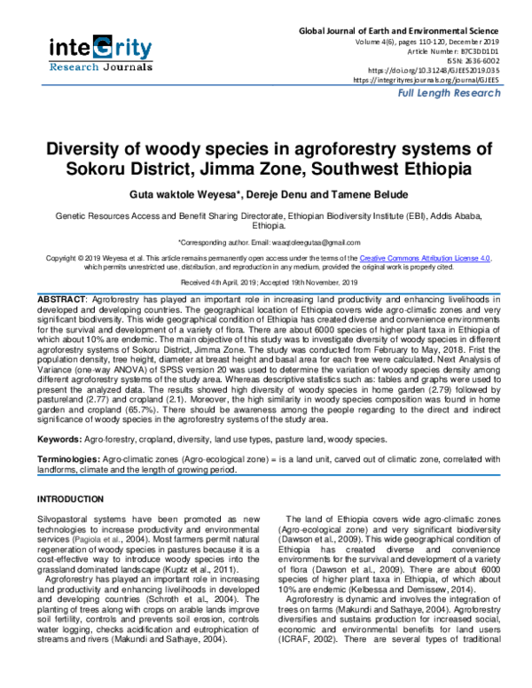 (PDF) Diversity of woody species in agroforestry systems of Sokoru ...