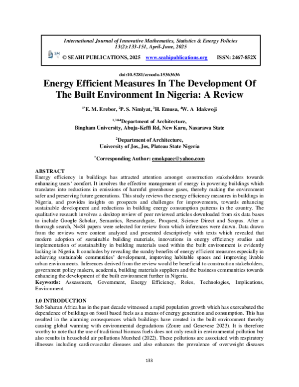 (PDF) Energy Efficient Measures In The Development Of The Built Environment In Nigeria: A Review