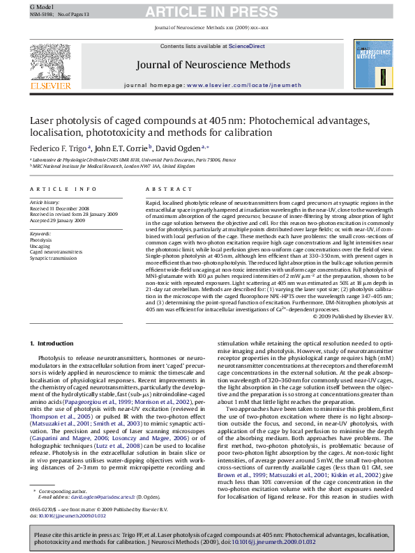 (PDF) Laser photolysis of caged compounds at 405nm: Photochemical ...