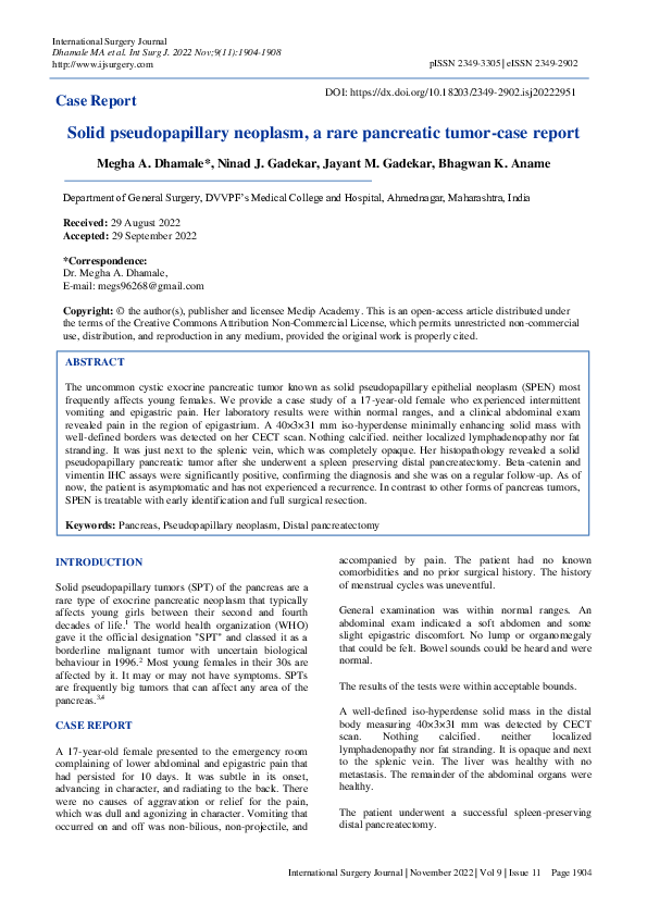 (PDF) Solid pseudopapillary neoplasm, a rare pancreatic tumor-case report