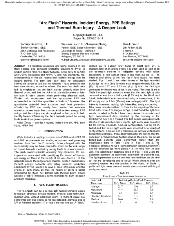(PDF) “Arc flash” hazards, incident energy, PPE ratings and thermal ...
