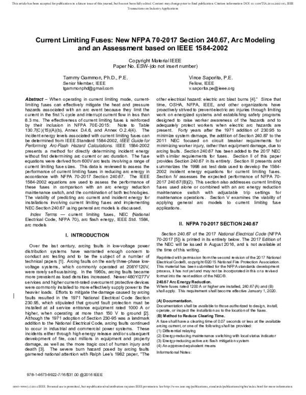 (PDF) Current limiting fuses: proposed NFPA 70-2017 240.67, arc ...