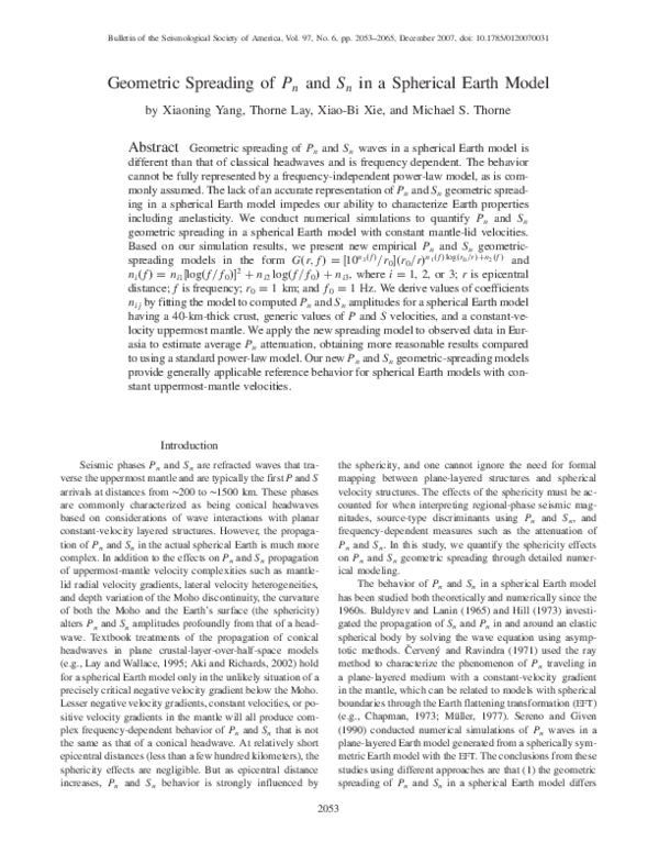 (PDF) Geometric Spreading of Pn and Sn in a Spherical Earth Model
