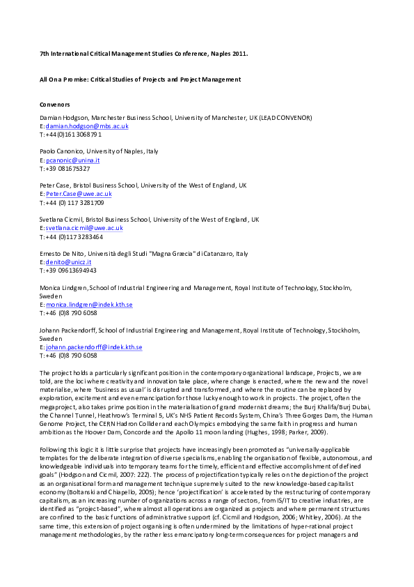 (PDF) All on a promise: Critical studies of projects and project ...