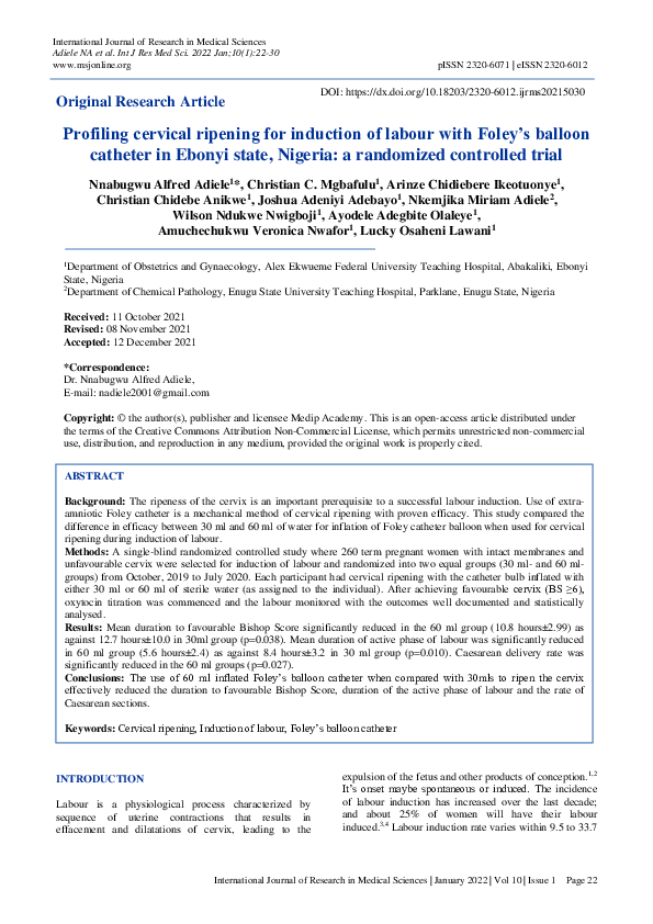(PDF) Profiling cervical ripening for induction of labour with Foley’s ...
