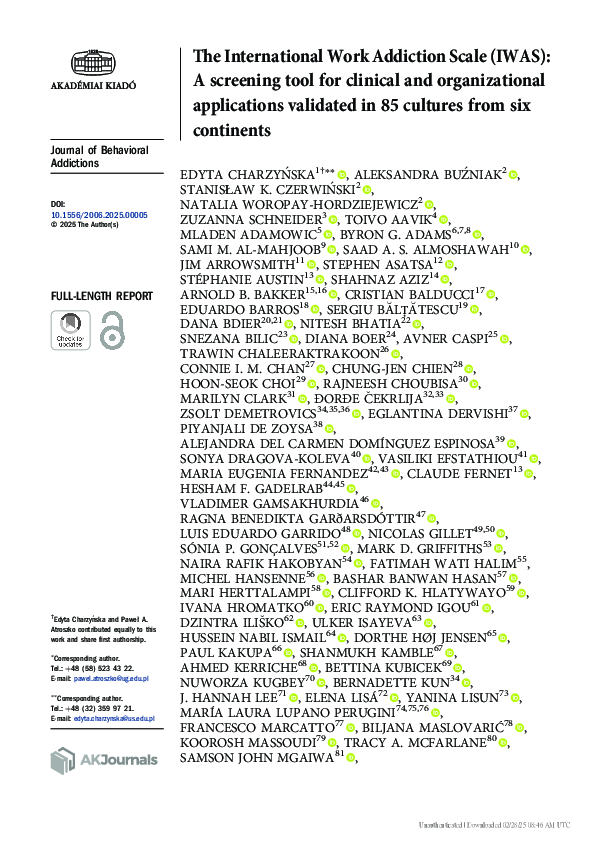 (PDF) The International Work Addiction Scale (IWAS): A screening tool ...