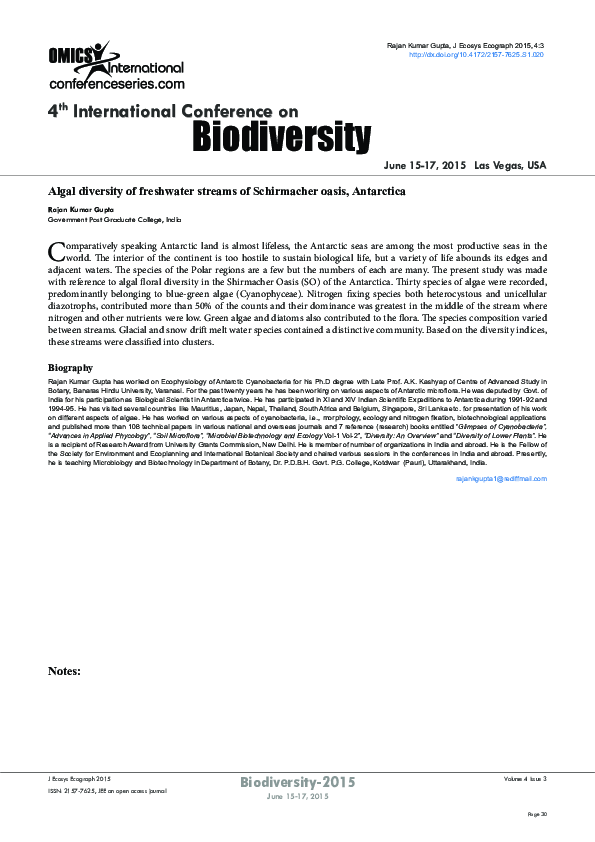 (PDF) Algal diversity of freshwater streams of Schirmacher oasis, Antarctica