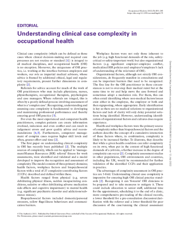 (PDF) Understanding clinical case complexity in occupational health