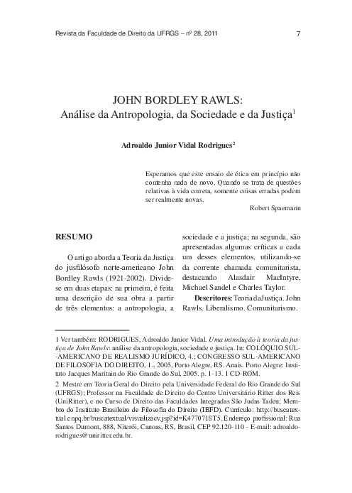 (PDF) John Bordley Rawls: análise da Antropologia, da Sociedade e da ...