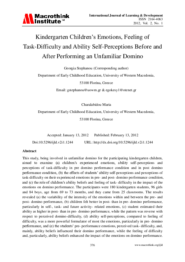 (PDF) Kindergarten Childrens’ Emotions, Feeling of Task-Difficulty and ...