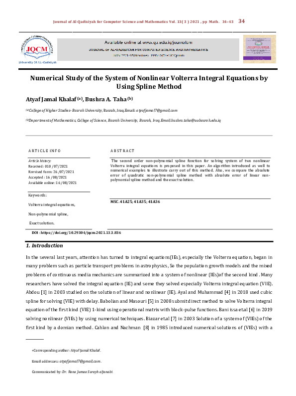(PDF) Numerical Study of the System of Nonlinear Volterra Integral ...