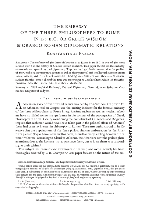 (PDF) The embassy of the three philosophers to Rome in 155 B.C. or ...