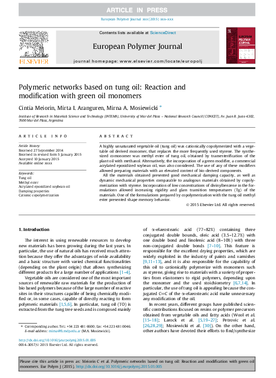 (PDF) Polymeric networks based on tung oil: Reaction and modification ...
