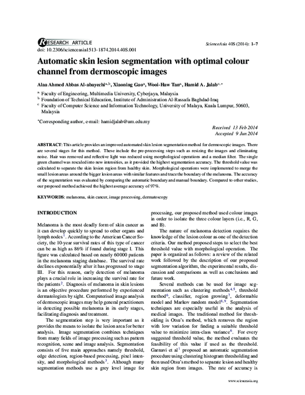 (PDF) Automatic skin lesion segmentation with optimal colour channel from dermoscopic images