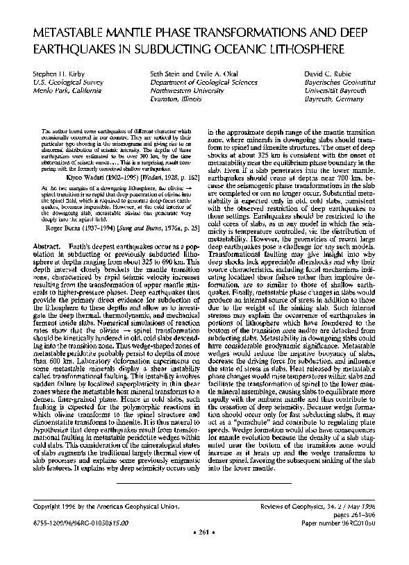 (PDF) Metastable mantle phase transformations and deep earthquakes in ...